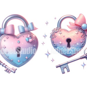 Watercolor Valentines Day Clipart, Heart Lock and Key Clipart, Romantic ...
