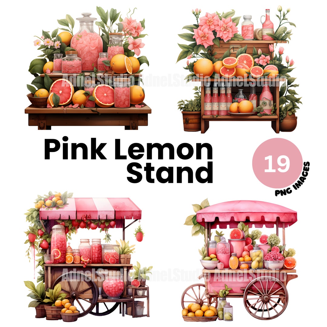 Watercolor Pink Lemon Stand Clipart - Pink Lemonade Stand Clipart ...