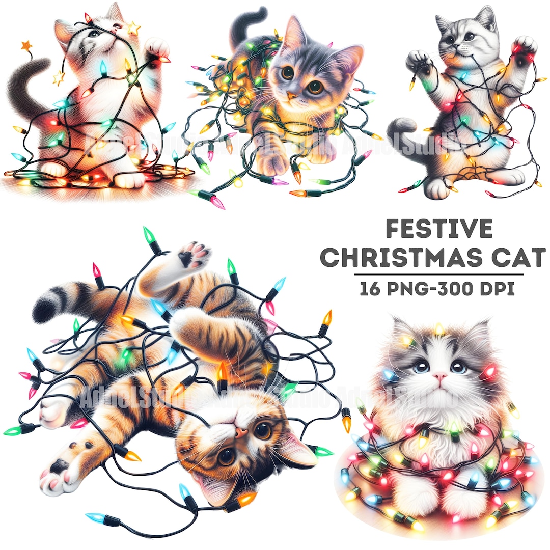 Festive Christmas Cat Clipart, Holiday Digital Download for Crafts ...