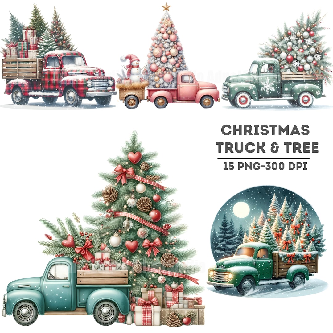 Christmas Truck & Tree PNG, Vintage Christmas Truck Clipart, Christmas ...