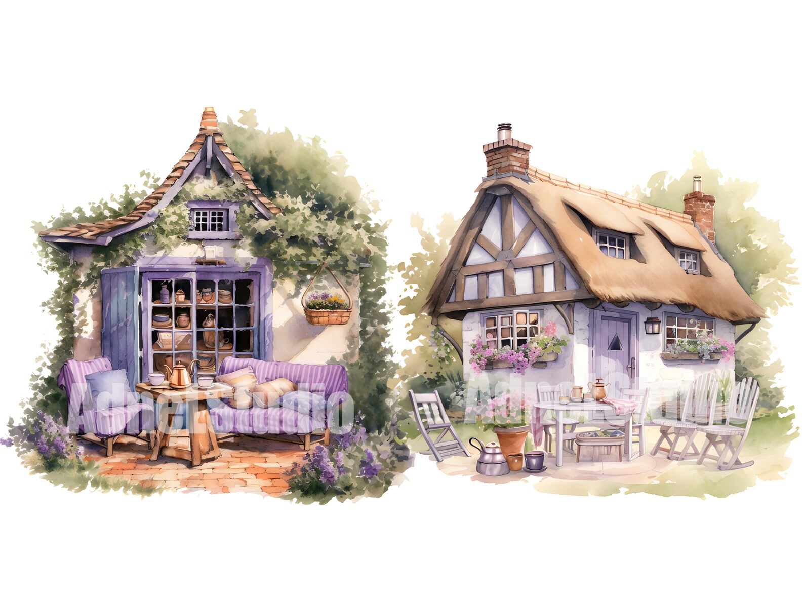 Watercolor Cottage House Clipart - Cottage Core Clipart, Cottage Life ...
