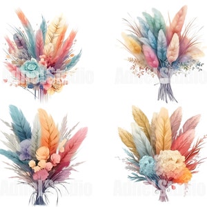 Rainbow Pastel Flower Clipart - Watercolor Boho Floral Bouquet Clipart ...