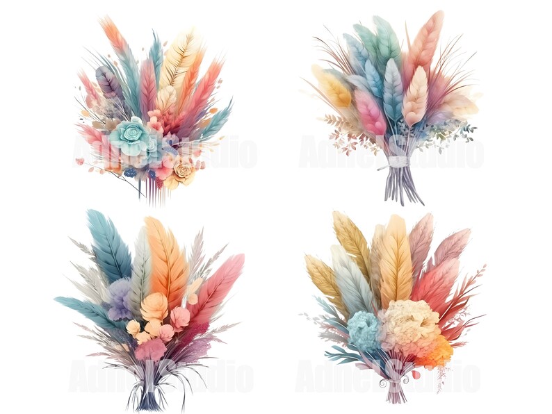 Rainbow Pastel Flower Clipart Watercolor Boho Floral Bouquet - Etsy