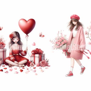 Valentine’s Day Stylish Girl Clipart, Romantic Valentine’s Day Digital ...