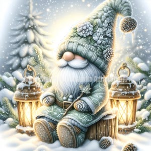 Festive Winter Gnome Illustrations With Cozy Lanterns and Snowy Scene, Whimsical Winter Gnome ...