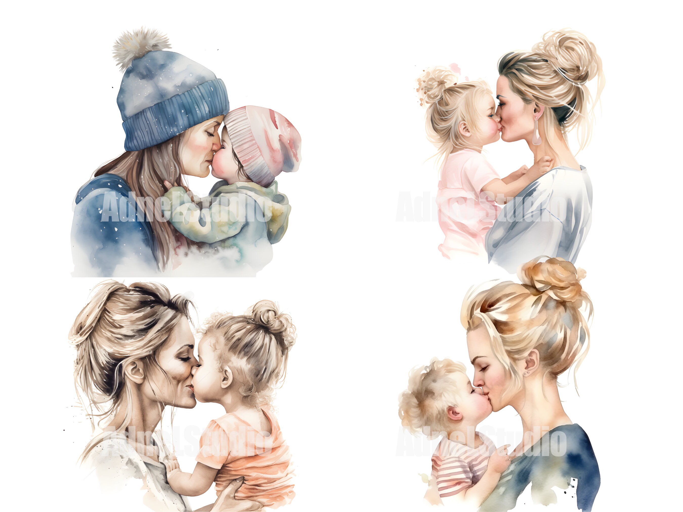Mothers Day Clipart - Watercolor Kissing Mom and Baby Clipart, Mother ...