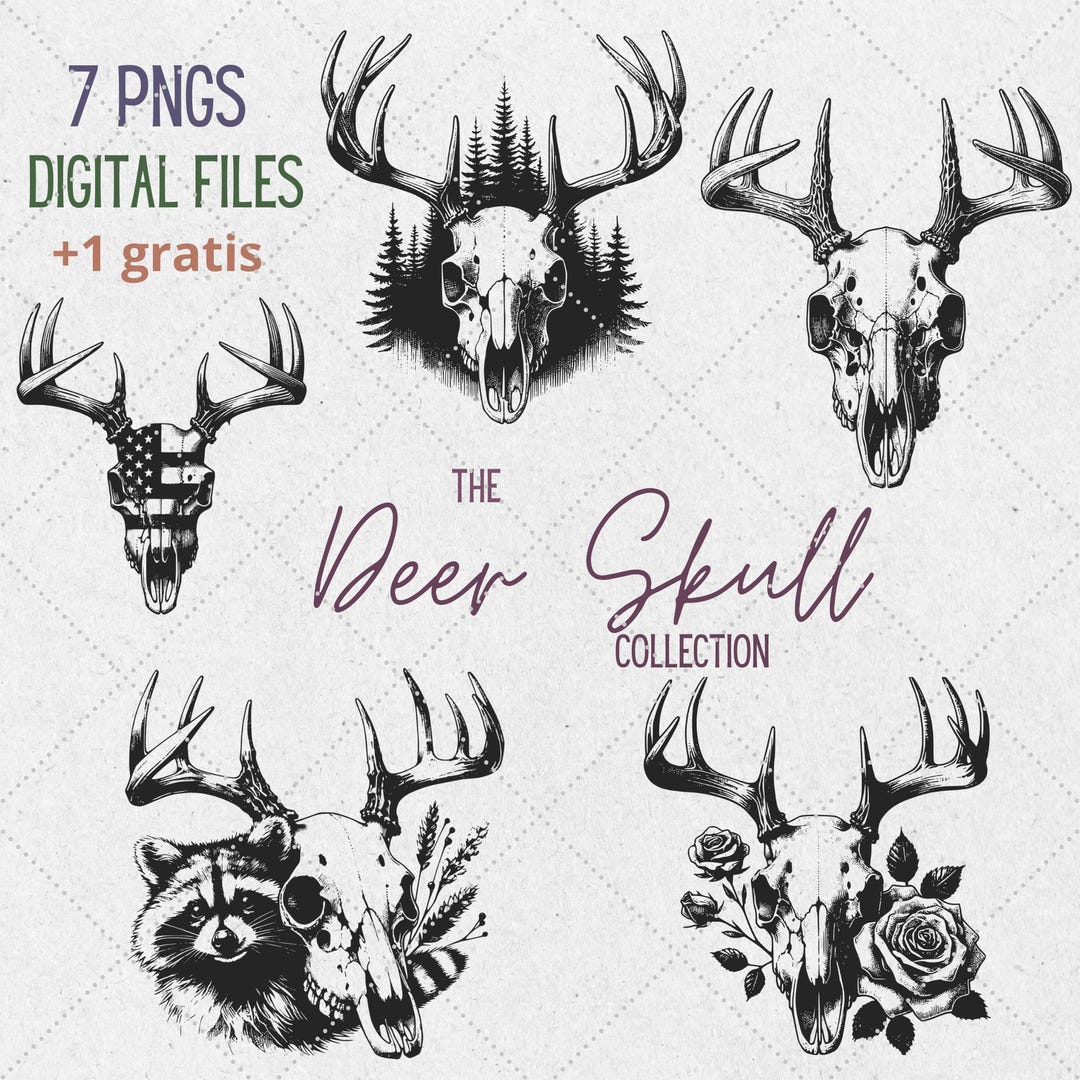 7 Deer Skull Designs PNG Sublimation Bundle DTG, Western, Native ...