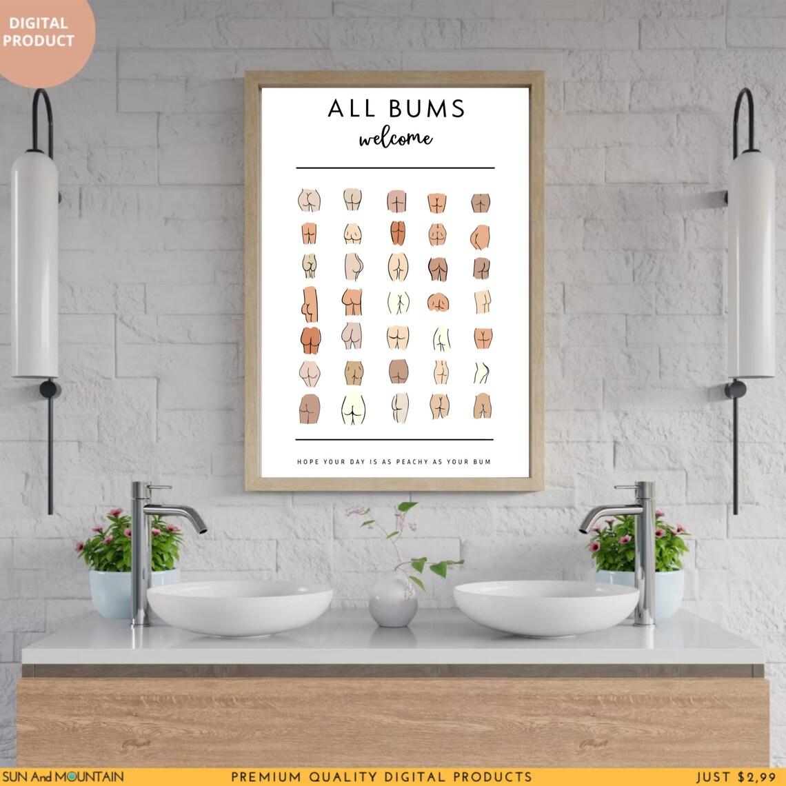 Nice Bum Body Positive Wall Print Boho Funny Bathroom Signs Wall Art