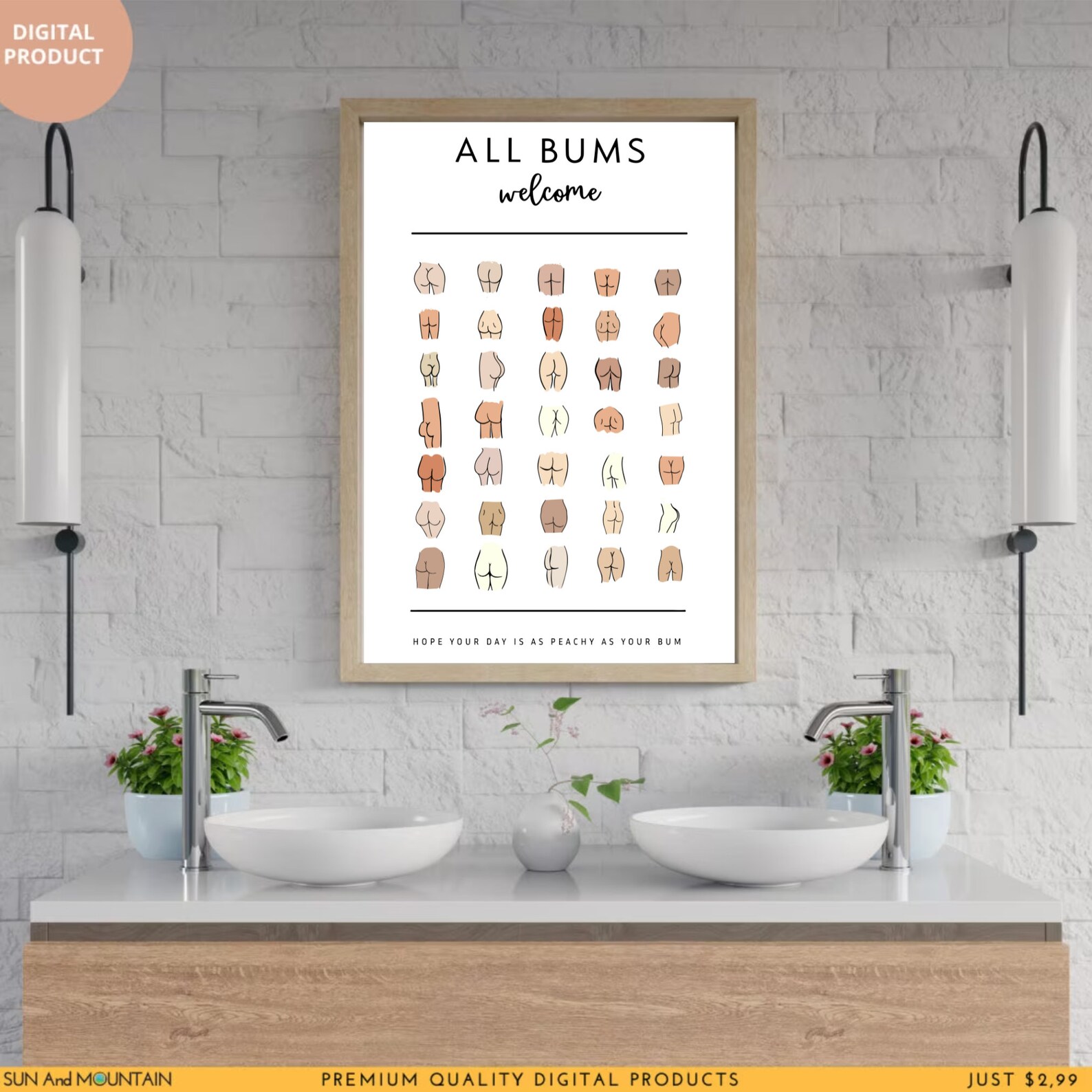 Funny Bum Print: Boho Bathroom Wall Art (digital Download) - Etsy