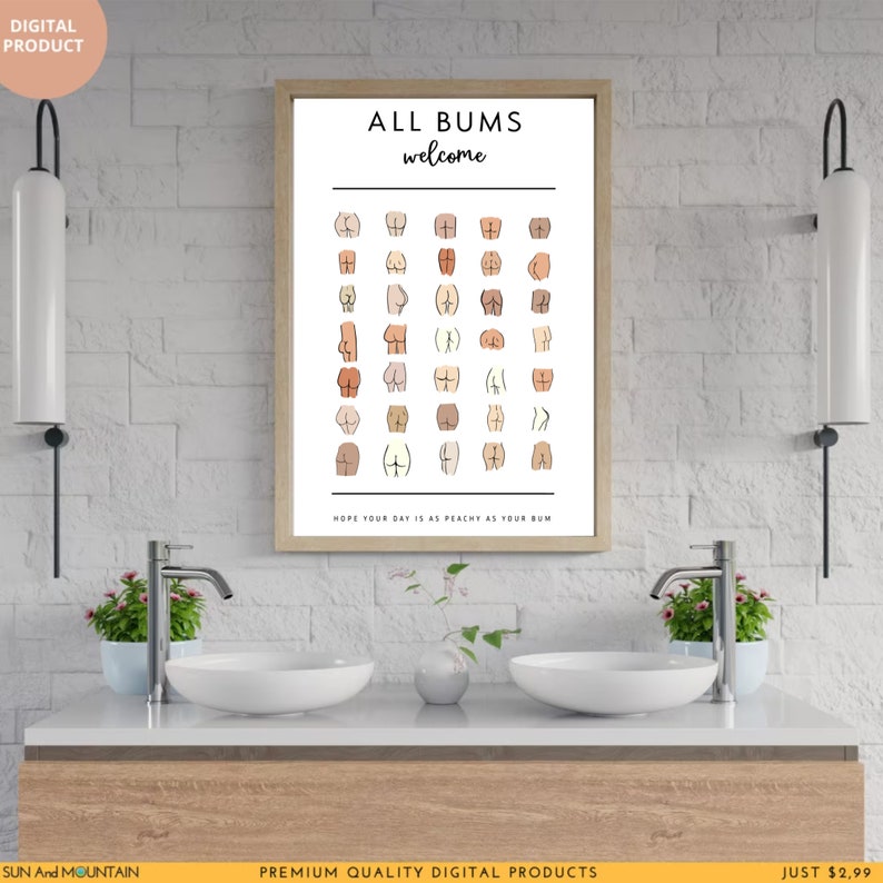 Nice Bum Body Positive Wall Print Boho Funny Bathroom Signs Wall Art