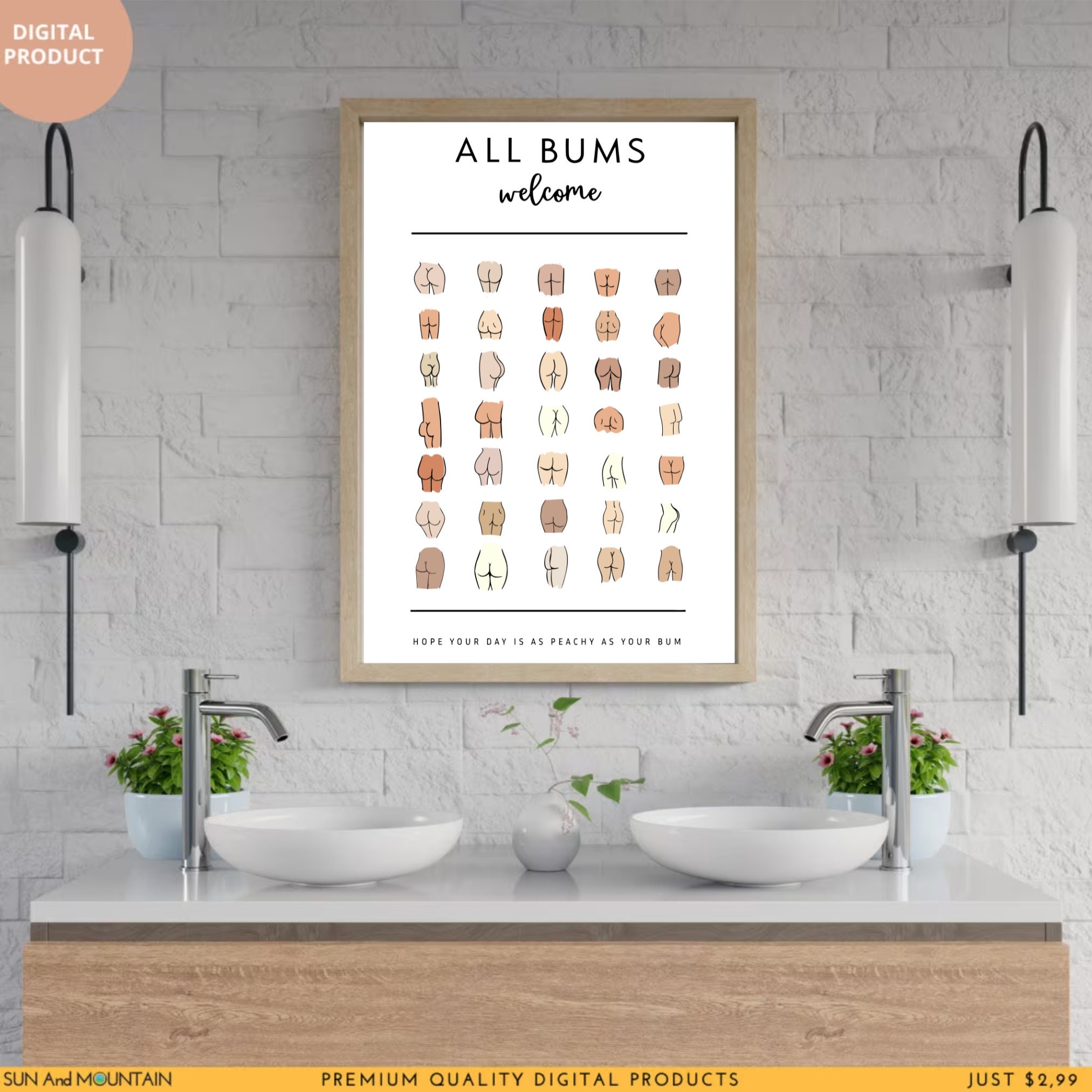 Nice Bum Body Positive Wall Print Boho Funny Bathroom Signs Wall Art