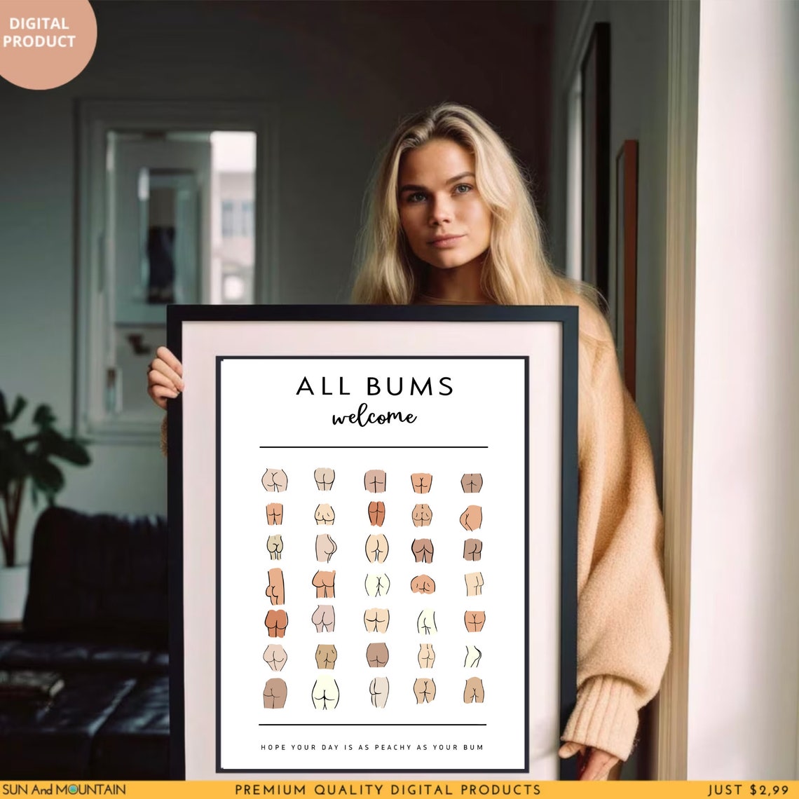 Funny Bum Print: Boho Bathroom Wall Art (digital Download) - Etsy