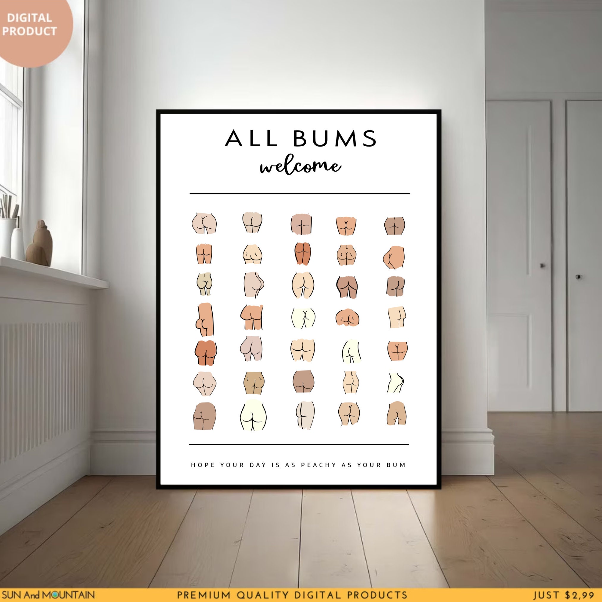 Nice Bum Body Positive Wall Print Boho Funny Bathroom Signs Wall Art