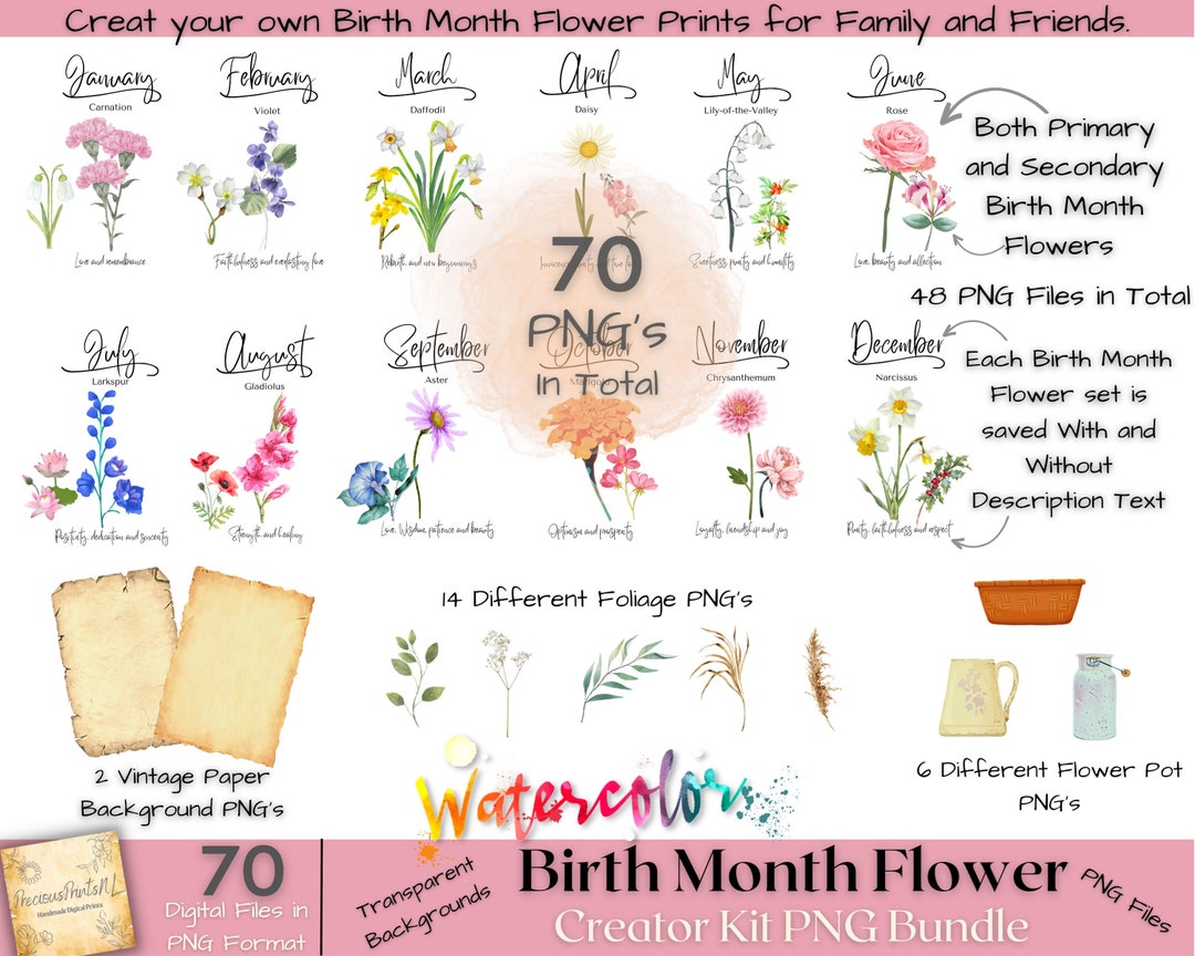 Birth Month Flowers Clipart, Watercolor Floral PNG Bundle, DIY Birth ...