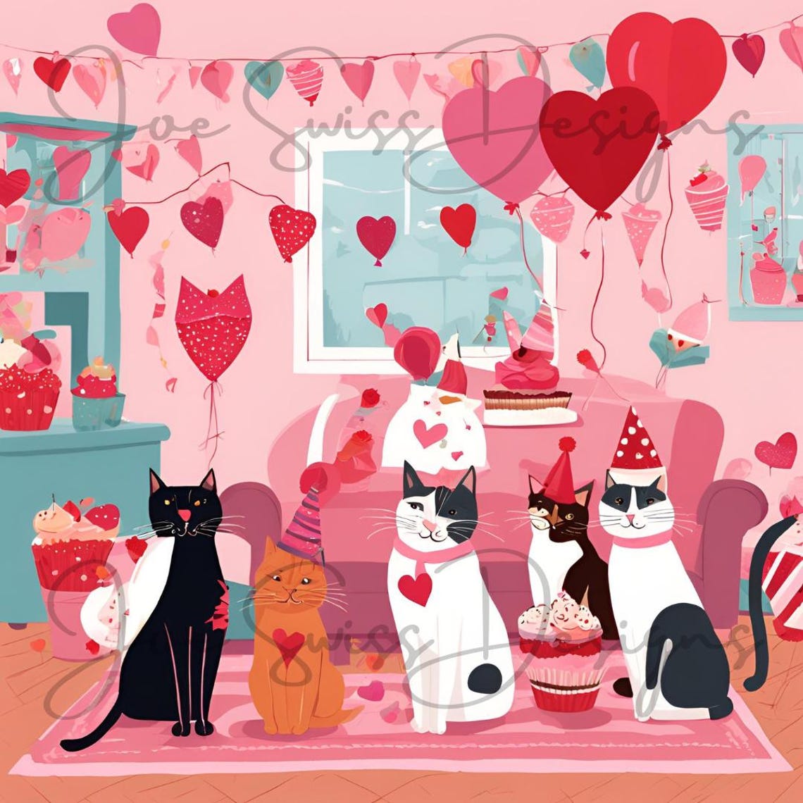 Valentines Cat Party, PNG File, Valentines Gift, Loving Cats PNG ...