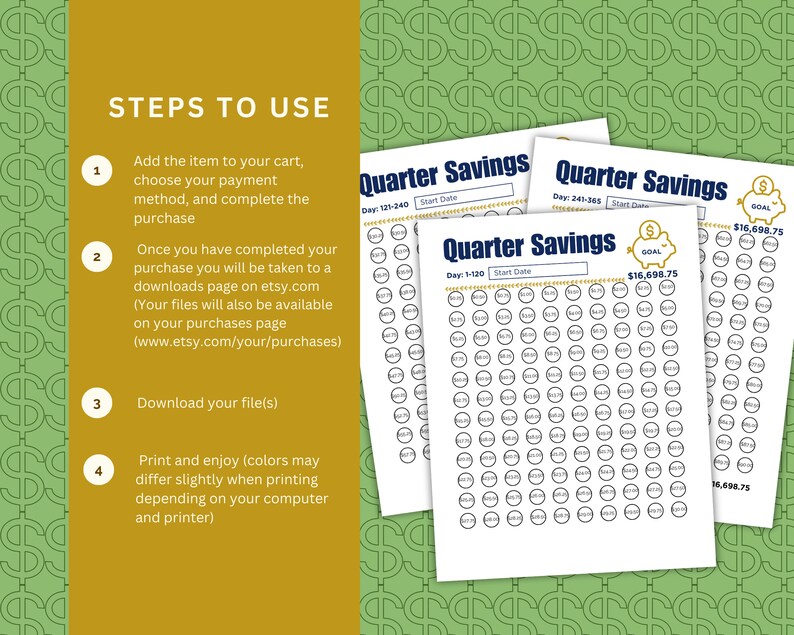 365-day Quarter Savings Challenge Bundle: Color and B&W Printables ...