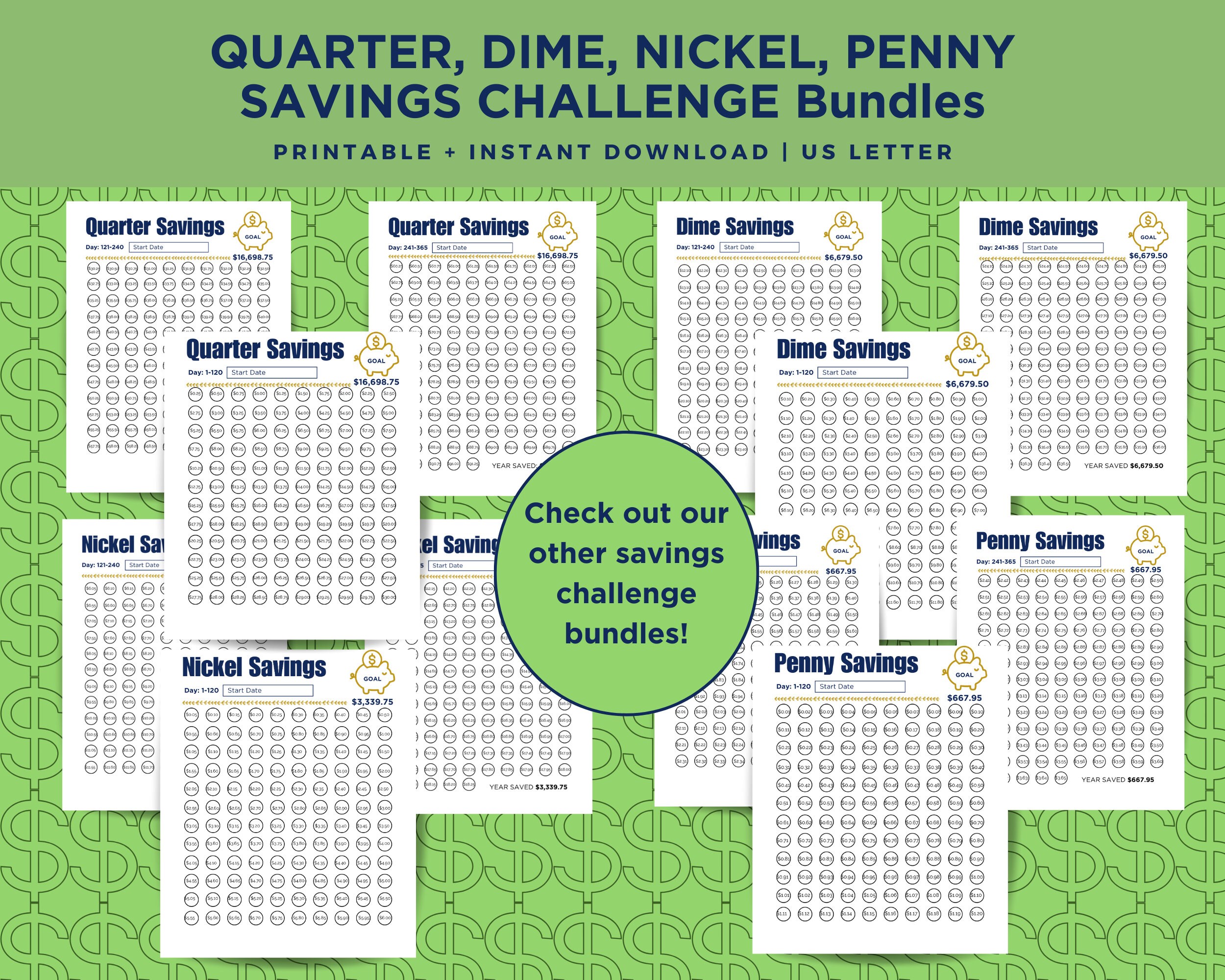 365-day Nickel Savings Challenge Bundle: Color and B&W Printables ...