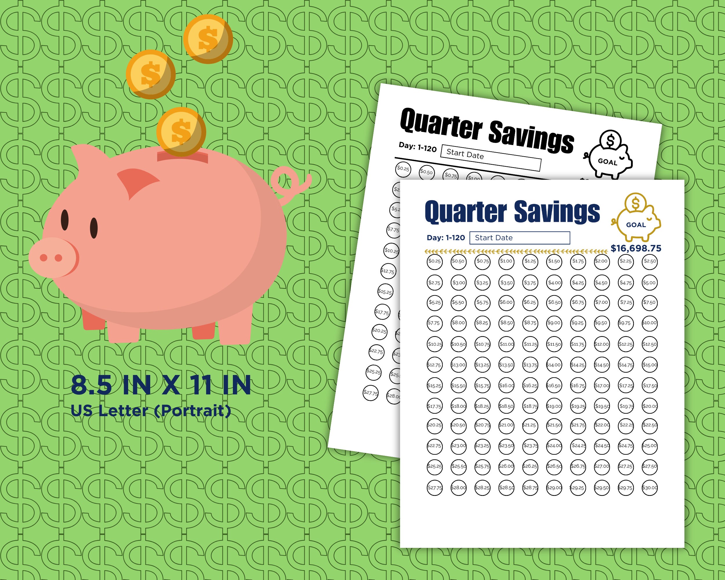 365-day Quarter Savings Challenge Bundle: Color and B&W Printables ...