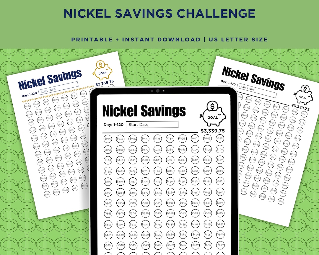 365-day Nickel Savings Challenge Bundle: Color and B&W Printables ...