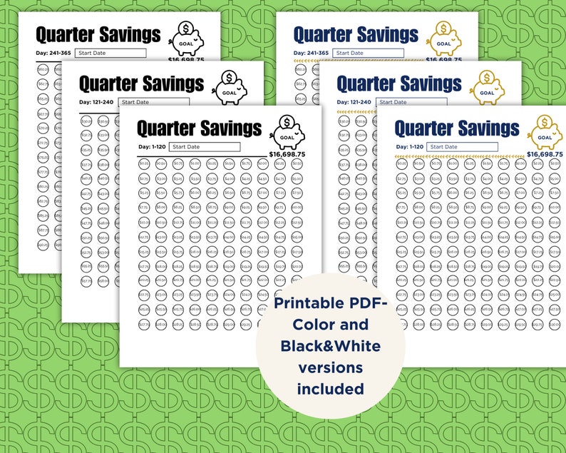 365-day Quarter Savings Challenge Bundle: Color and B&W Printables ...