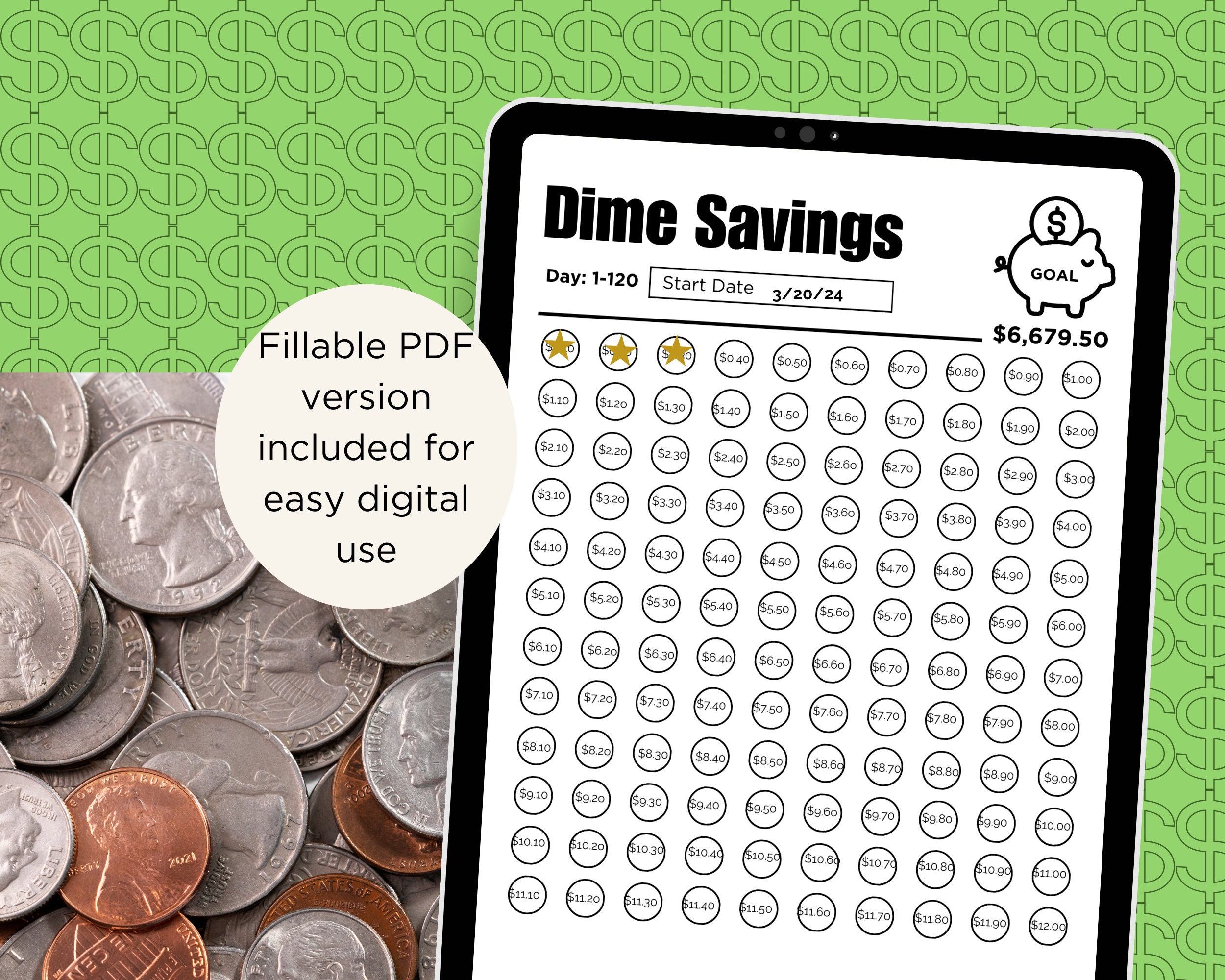365-day Dime Savings Challenge Bundle: Color and B&W Printables + Bonus ...