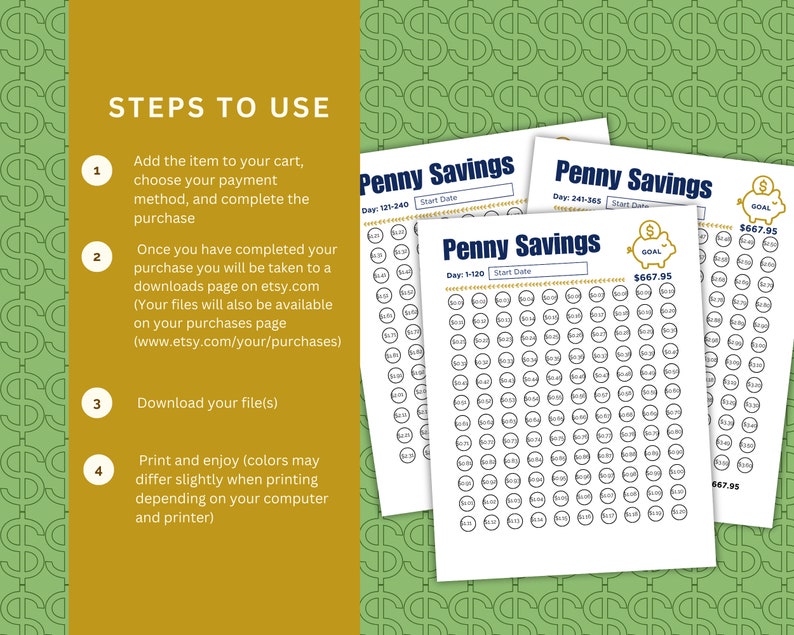365-day Penny Savings Challenge Bundle: Color and B&W Printables ...