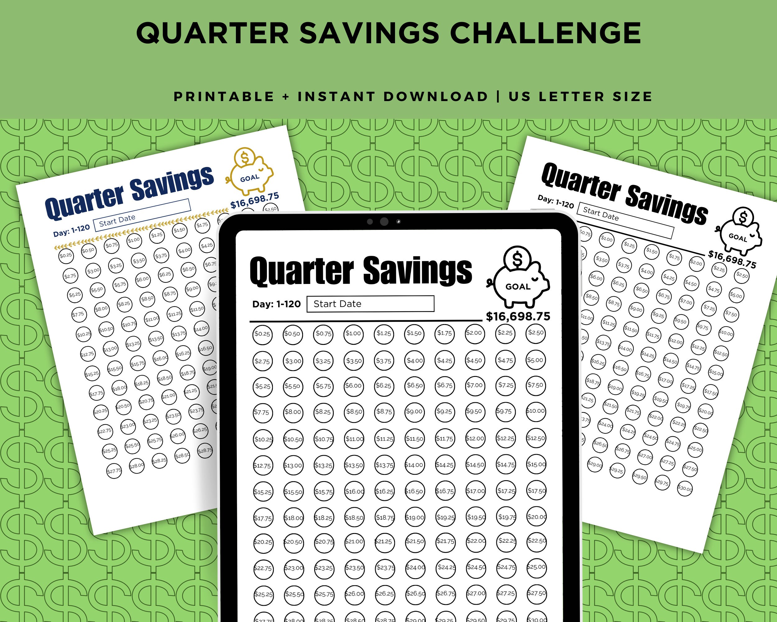 365-day Quarter Savings Challenge Bundle: Color and B&W Printables ...