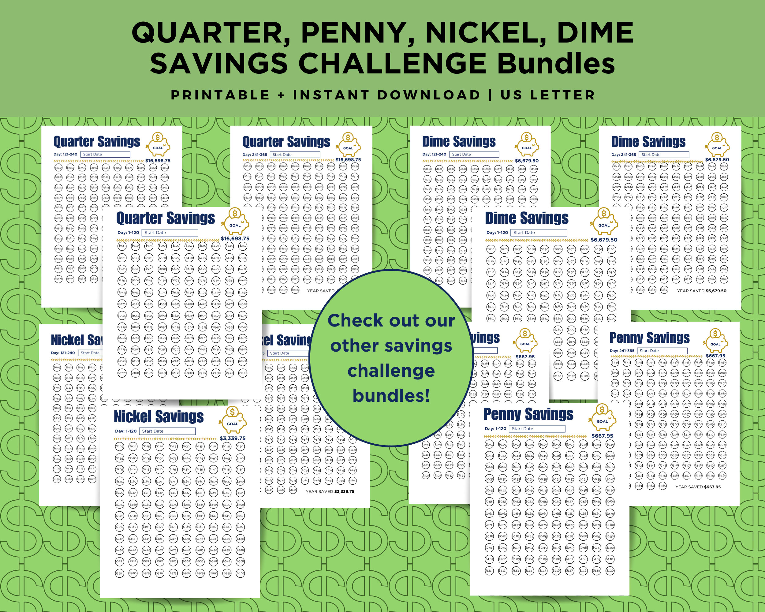 365-day Quarter Savings Challenge Bundle: Color and B&W Printables ...