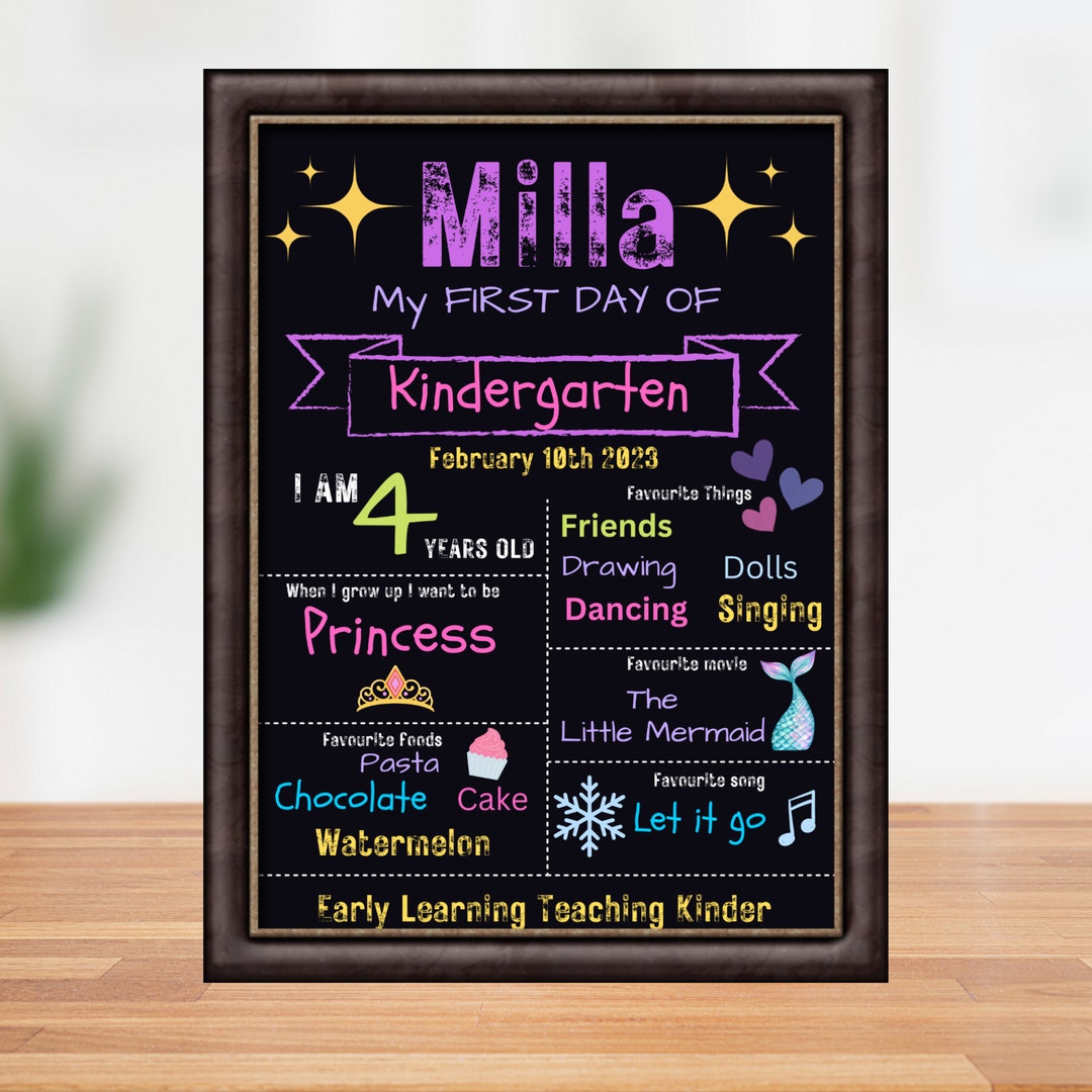 Personalised First Day of Kindergarten Sign, Girls First Day Poster ...