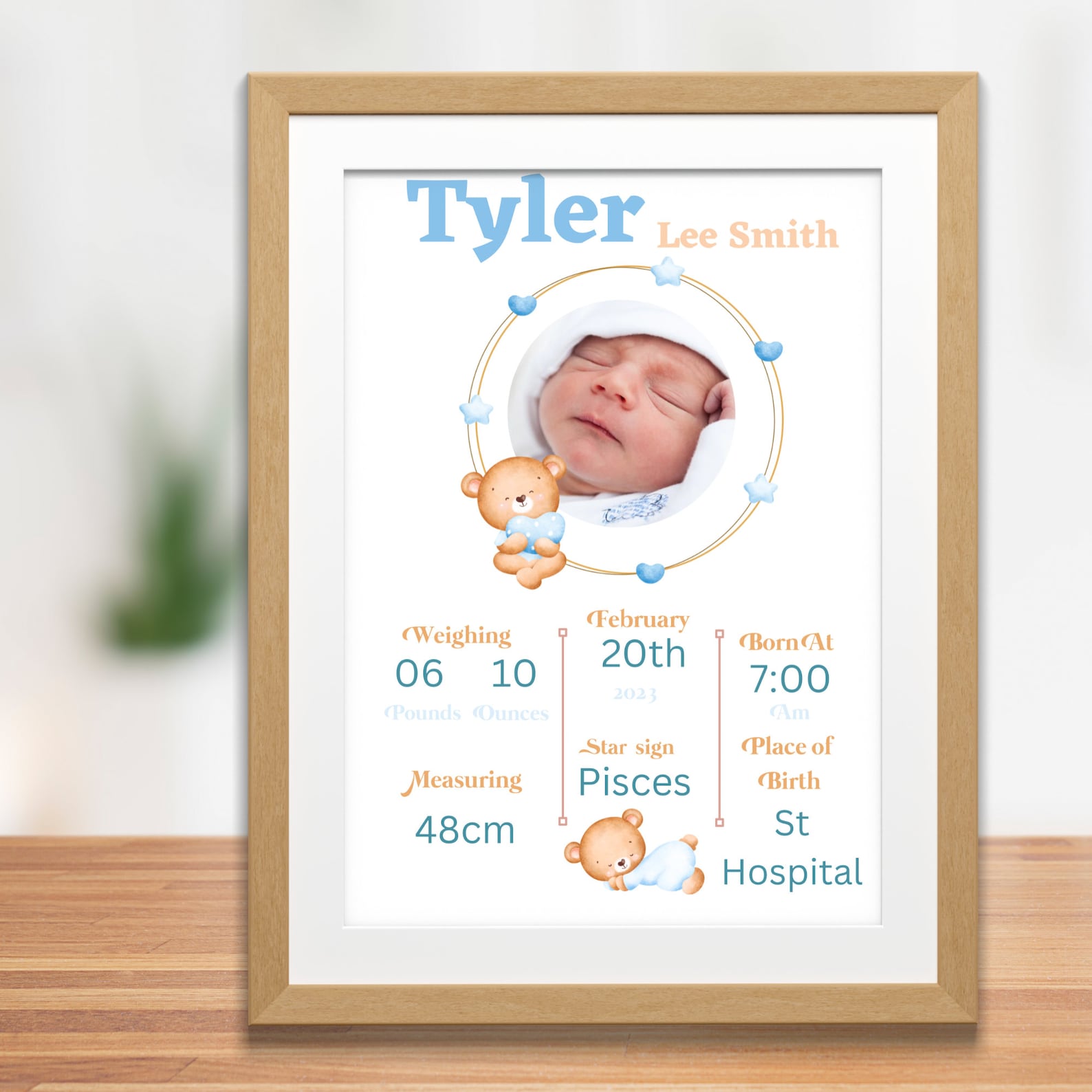 Personalised Birth Announcement, Nursery Prints, Bedroom Decor, Teddy ...