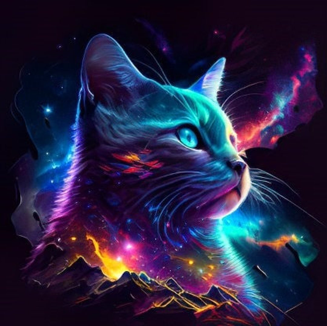 Neon Cat in the Space - Etsy