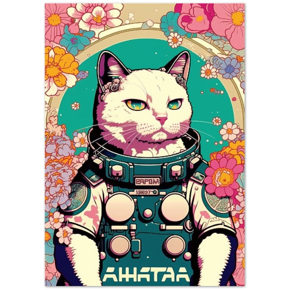 Cats Poster in Space Suit Flowers Wall Mural Art Print Colorful ...