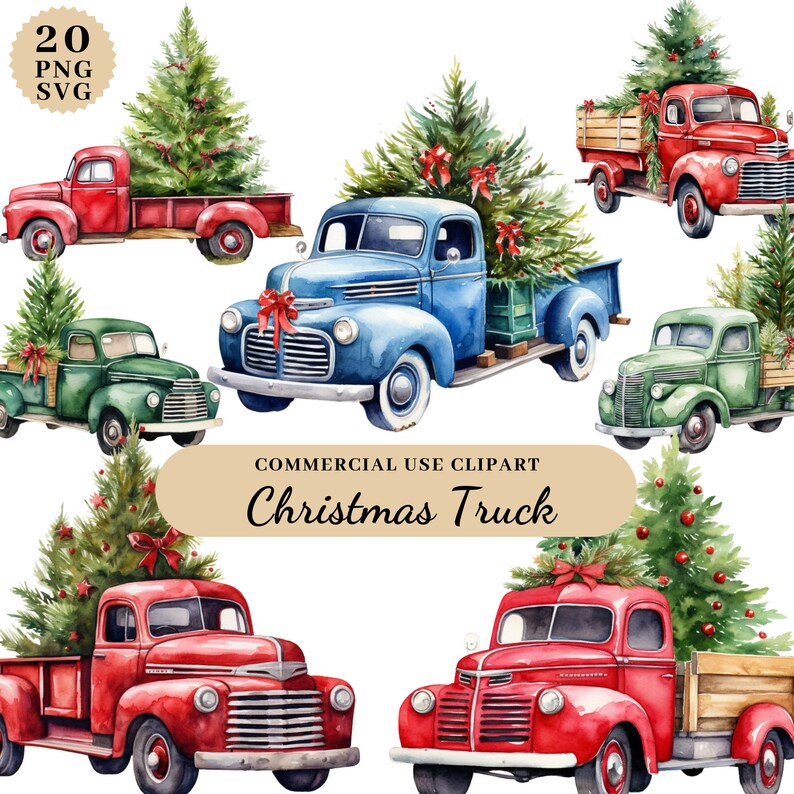 Watercolor Christmas Retro Truck Clipart, Christmas Decorations Clipart ...