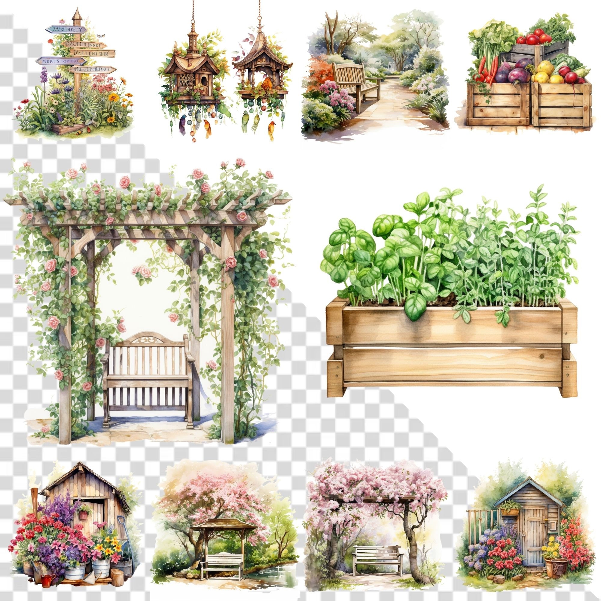 Watercolor Spring Garden Clipart, Floral Decorations Clipart, Painted ...