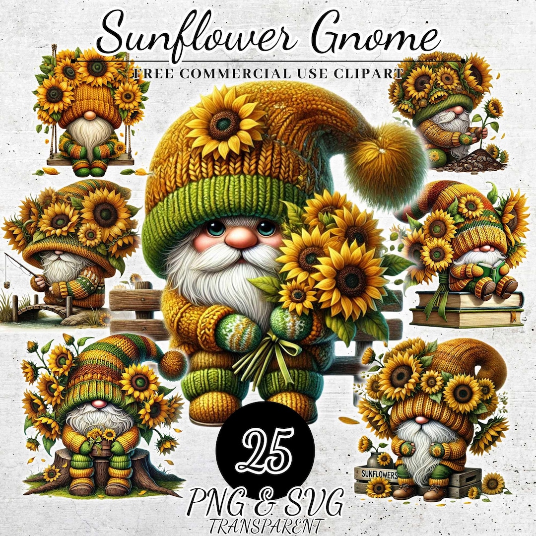 Watercolor Sunflower Gnome Clipart PNG SVG Fall Clipart Wall Art ...