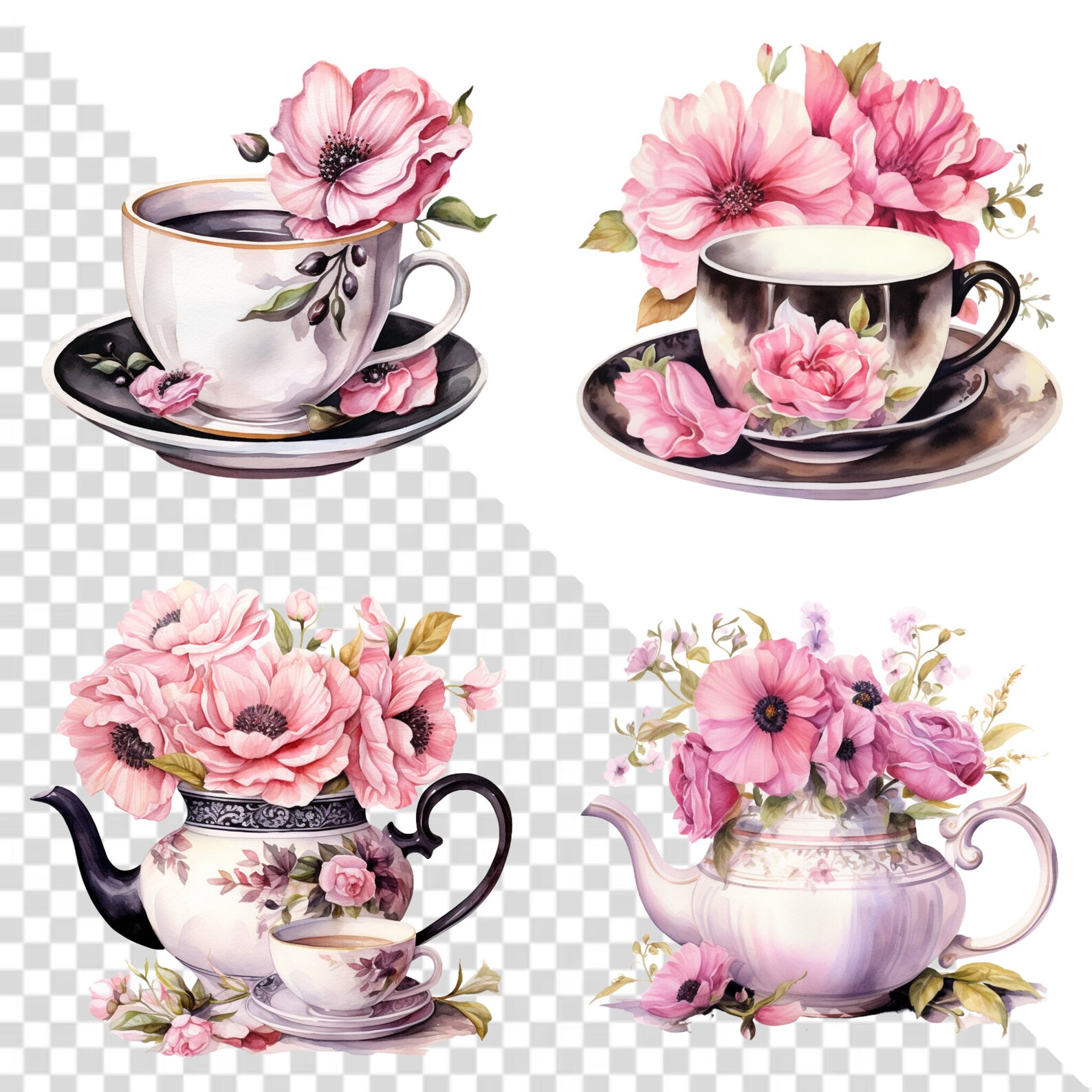 Watercolor Pink Tea Clipart, Coffee Cups Clipart, Pink and Black Flower ...