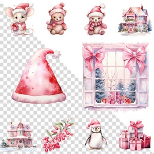 Watercolor Pink Christmas Clipart, Christmas Decorations Clipart ...