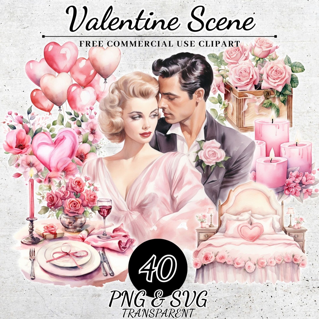 Watercolor Cute Valentine Scene Clipart, Valentine Days Decorations ...