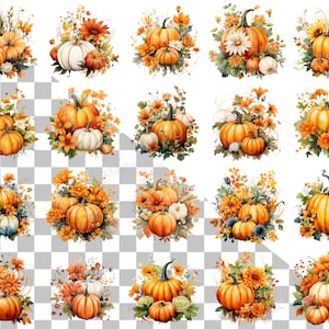 Pumpkin Bouquet Flowers Watercolor Clipart Bundle, Autumn Fall ...