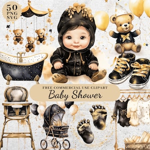 Gold and Black Baby Shower Clipart Decorations, Baby Shower Digital ...