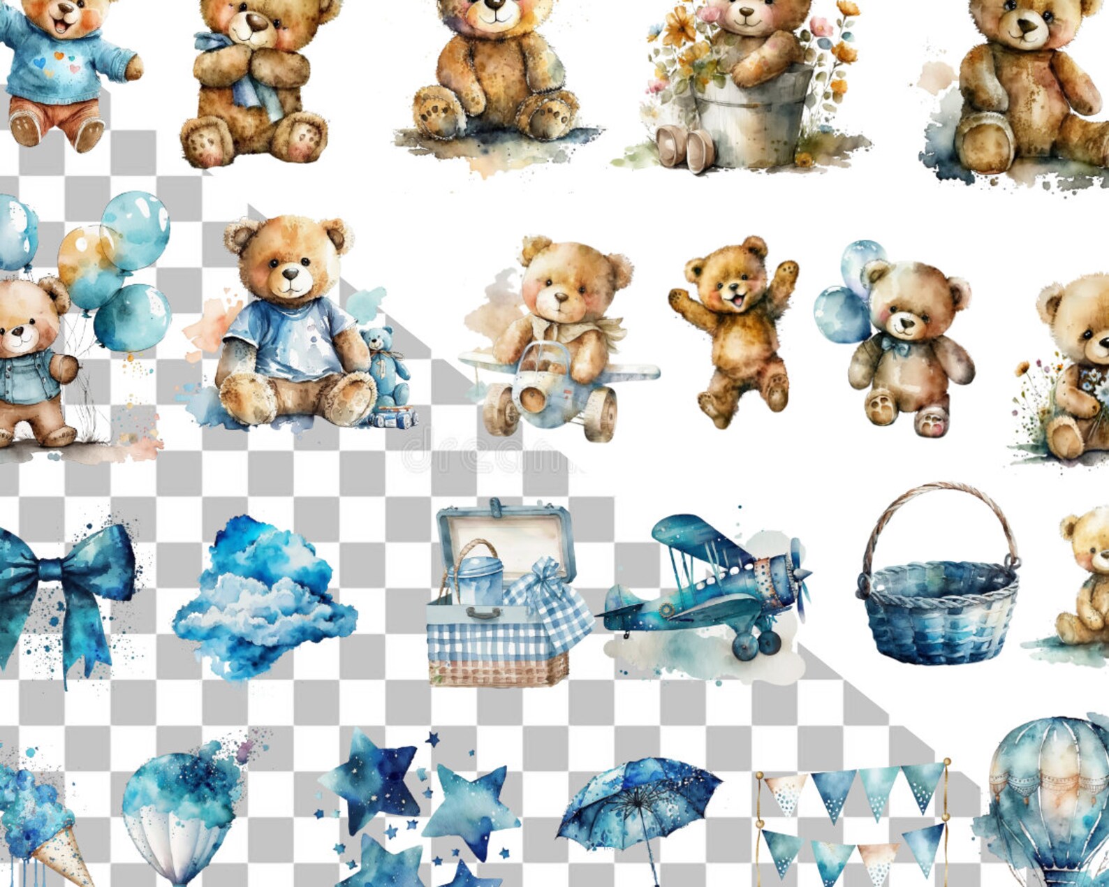 Watercolor Blue Teddy Bear Clip Art Pack Baby Shower - Etsy