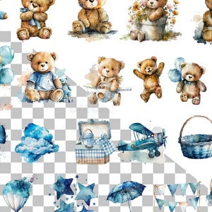 Watercolor Blue Teddy Bear Clip Art Pack, Baby Shower, Commercial Use ...