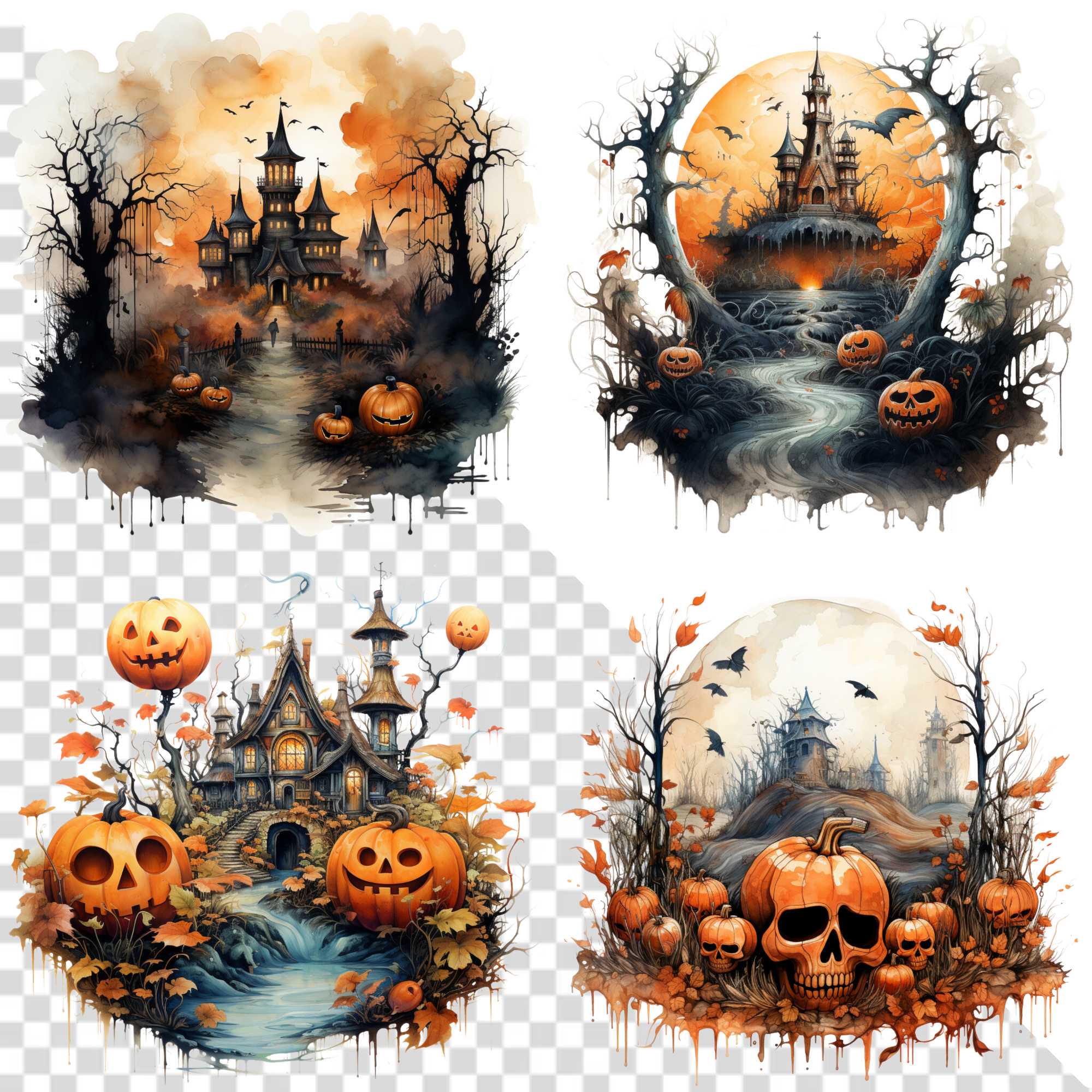 Watercolor Halloween Landscape Clipart Bundle, Scary Halloween Clipart ...