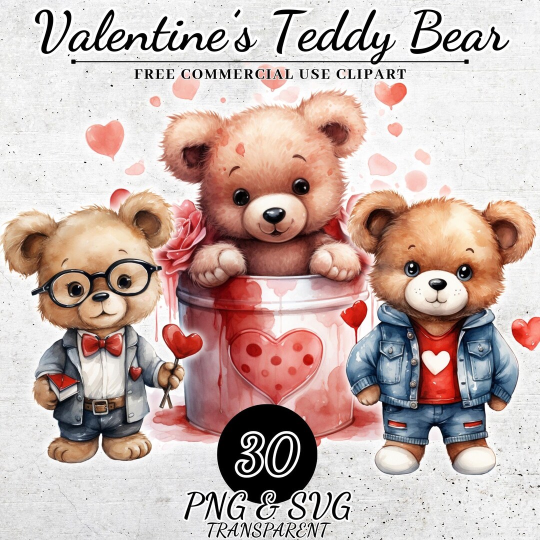 Watercolor Romantic Teddy Bear Clipart, Valentine Day SVG, Perfect for ...