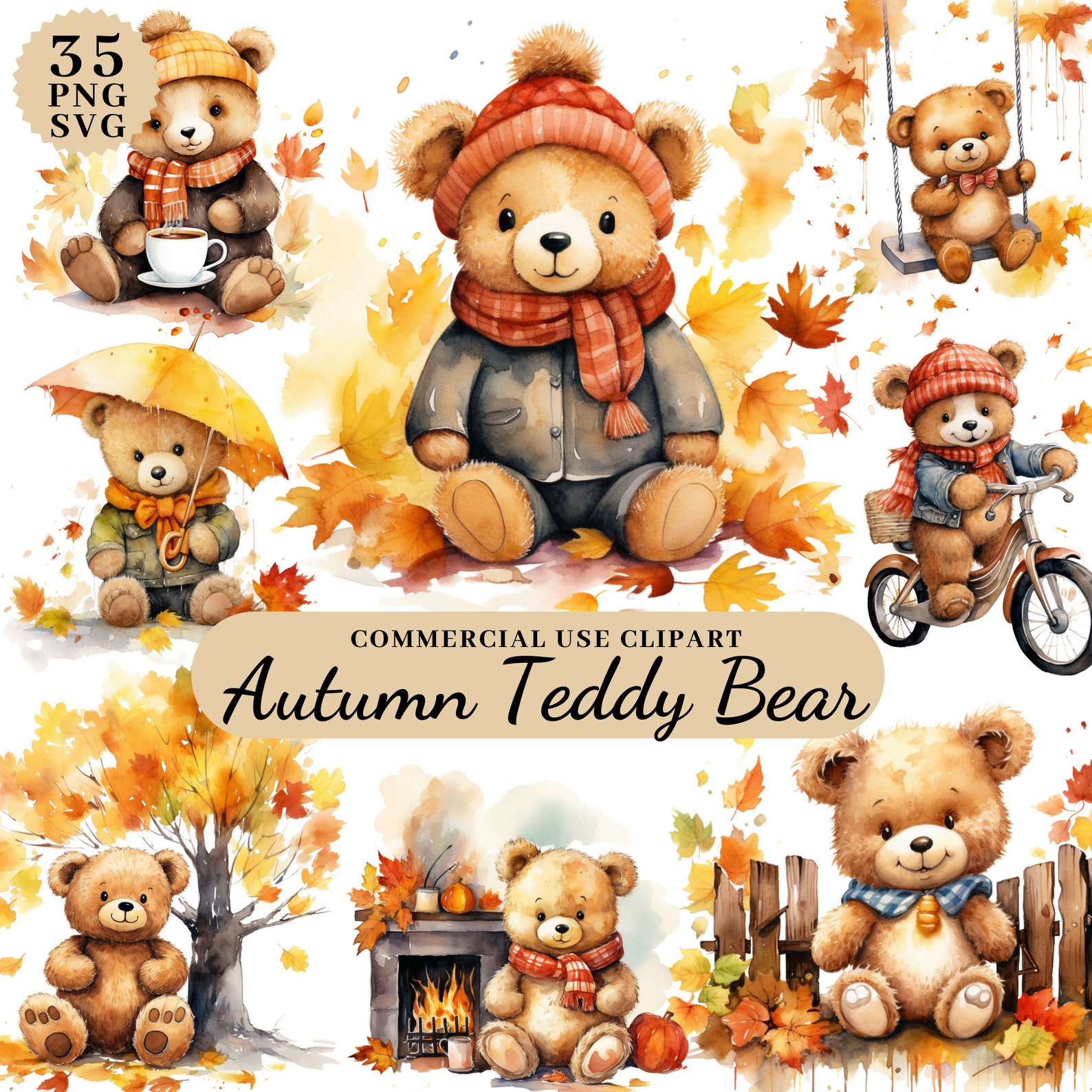 Watercolor Autumn Teddy Bear Clipart Bundle, Fall Scenery Clipart, Baby ...