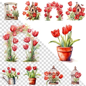 Watercolor Red Tulip Garden Clipart, Spring Decorations Clipart ...