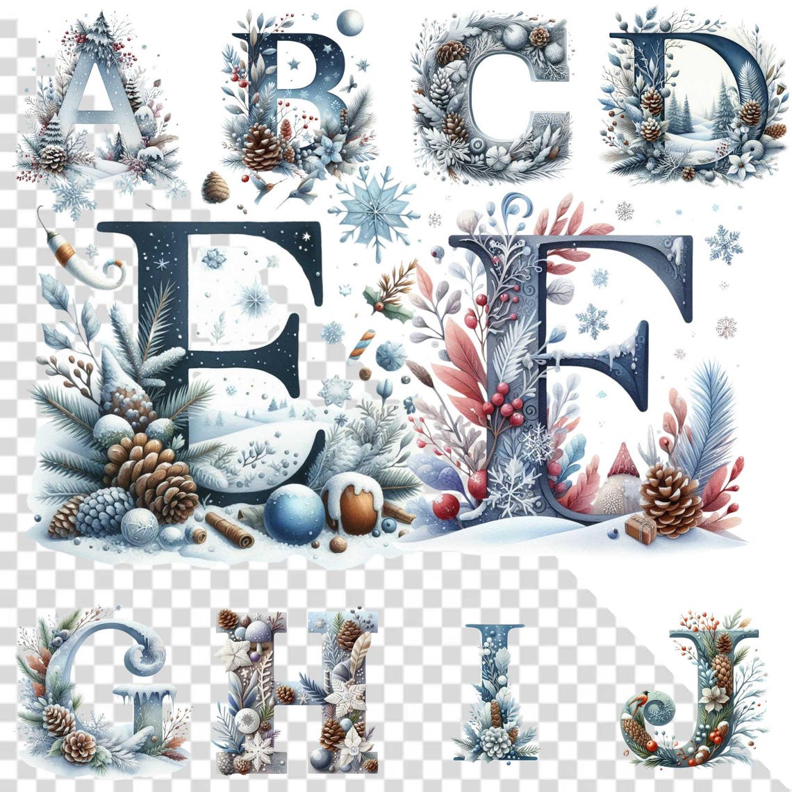 Frosty Winter Alphabet Clipart, Snowflake Letters, Winter Sublimation ...