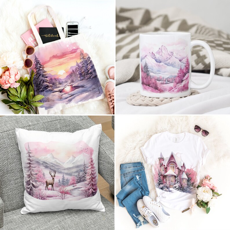 Watercolor Pink Winter Landscape Clipart, Winter Holidays Clip Art ...