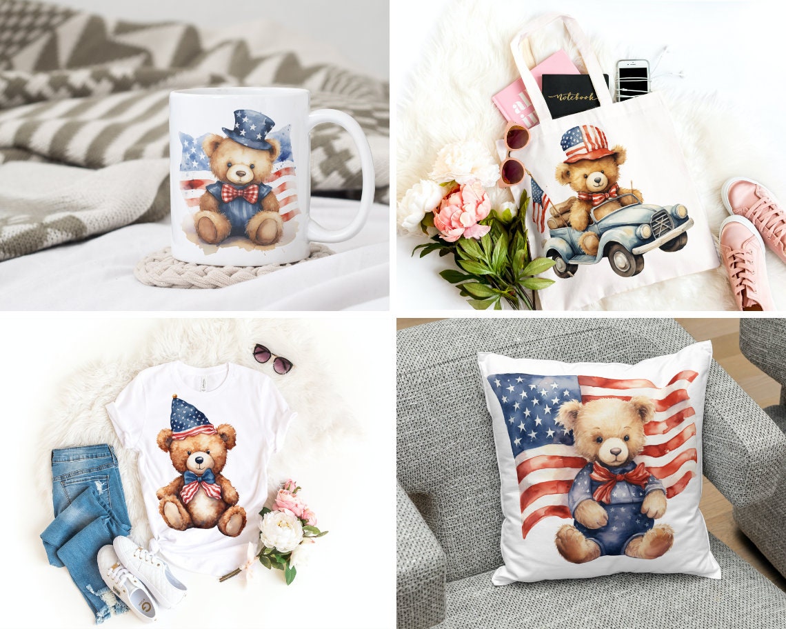 Watercolor Patriotic Teddy Bear in USA Clipart, American Independence ...