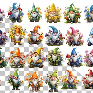 Watercolor Garden Gnomes Pngs, Garden Gnome, Floral Spring Clip Art ...
